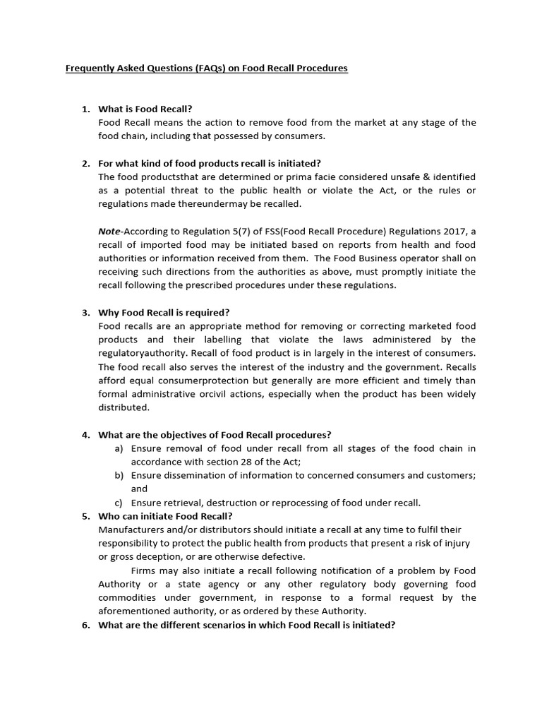 08 - 05 - 2024-Frequently Asked Questions On Food Recall - Revised | PDF