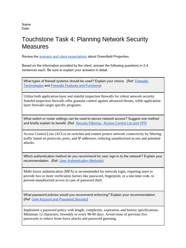 Touchstone Task 4 - Planning Network Security Measures Questions | PDF