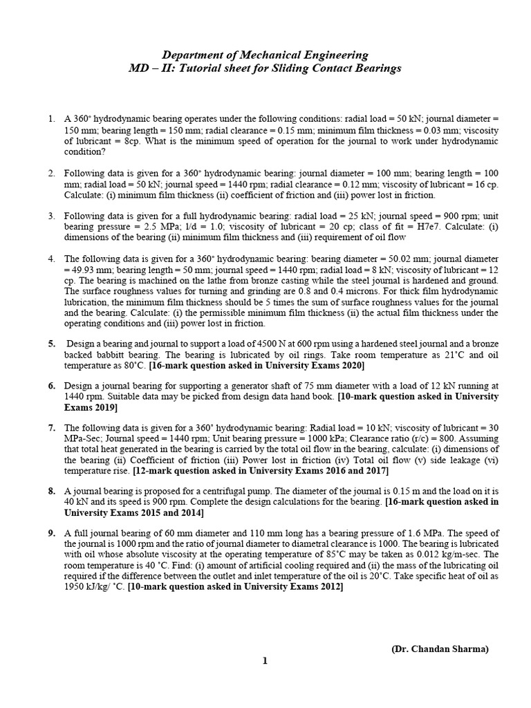 Tutorial Sheet 8 - Sliding Contact Bearings | PDF