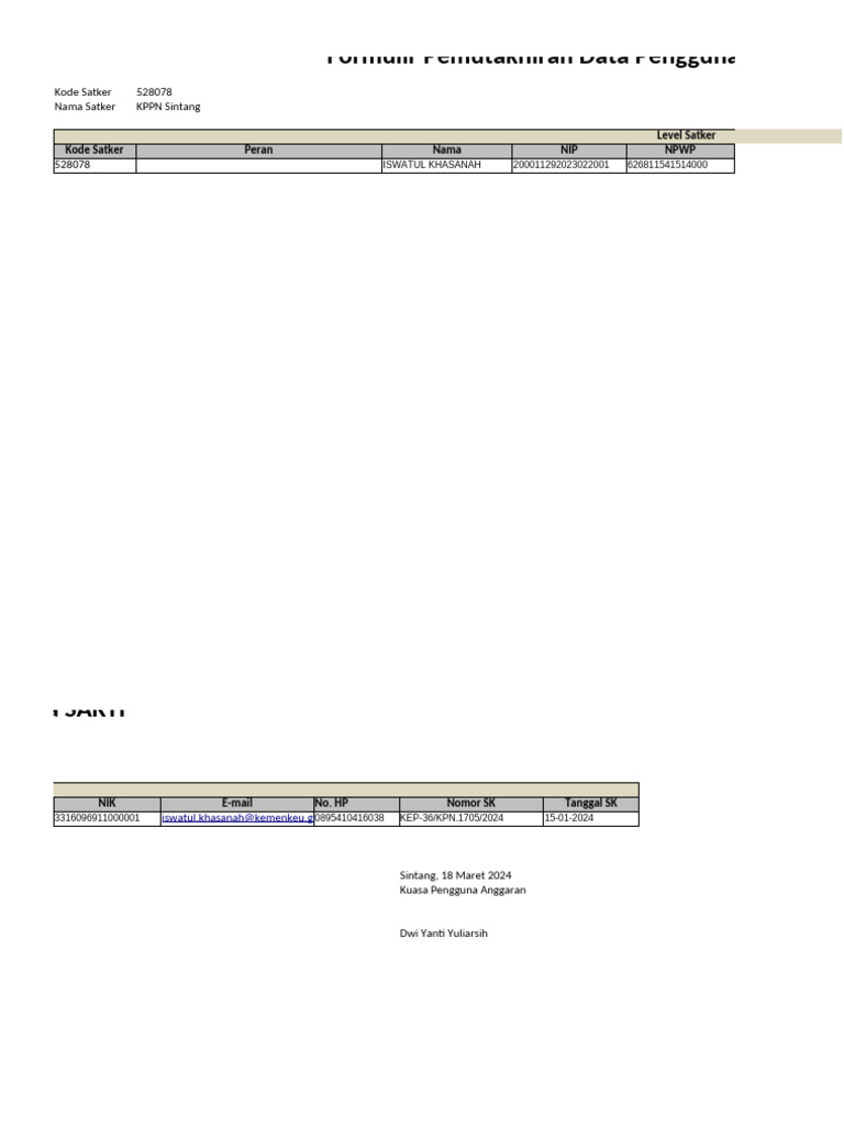 Form Pemutakhiran Data Pengguna Aplikasi SAKTI | PDF