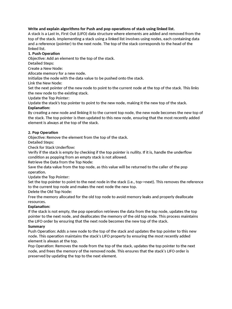 Write and Explain Algorithms For Push and Pop Operations of Stack Using ...