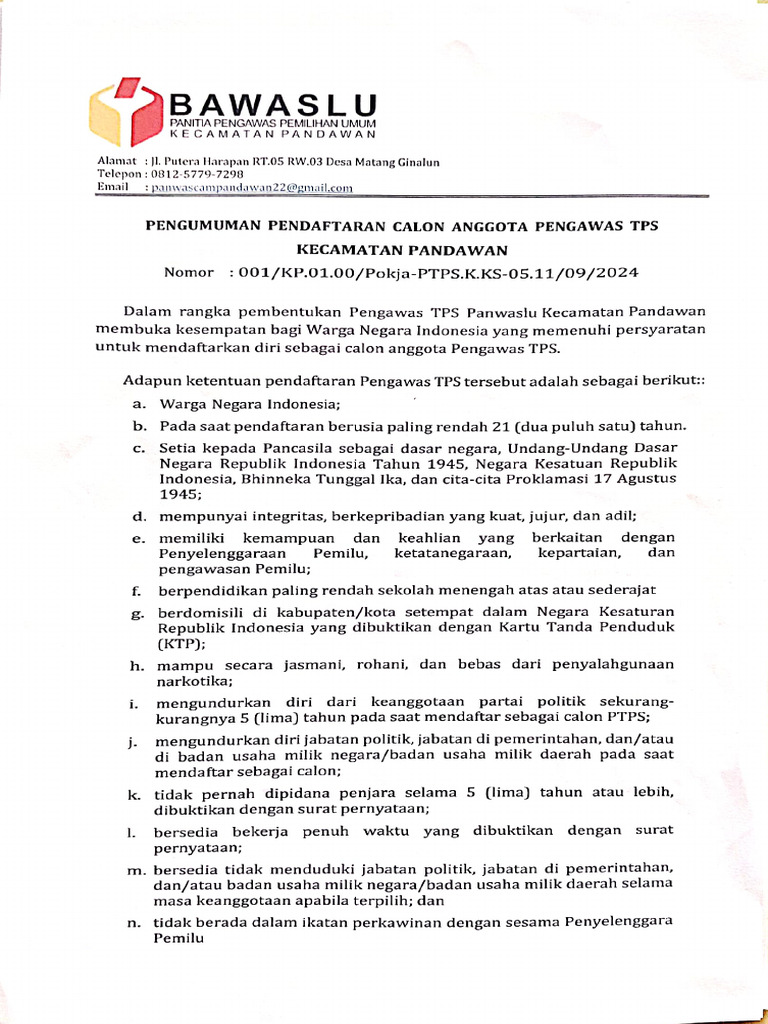 Pengumuman Pendaftaran PTPS | PDF