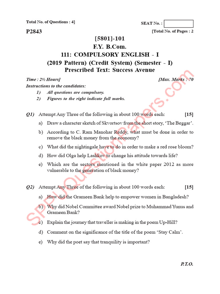 Commerce Bcom Semester-1 2022 April Compulsory-English-I-2019-Pattern | PDF