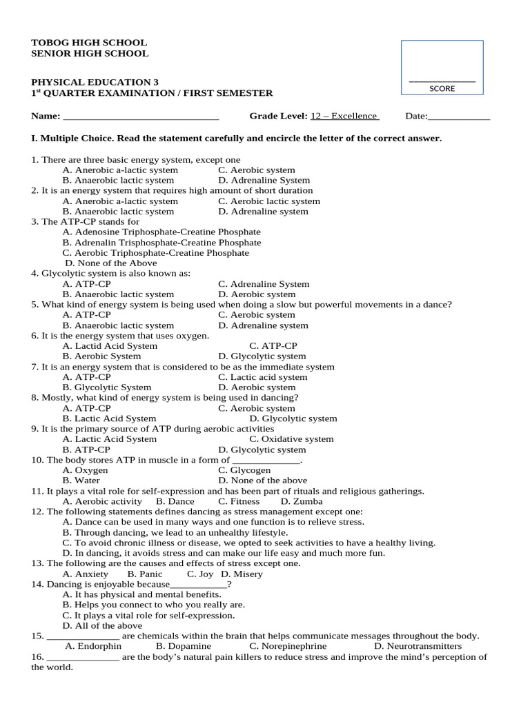 Pe3 1ST Quarter Exam | PDF