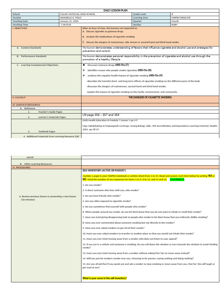 4th COT Plan | PDF | Tobacco Smoking | Self-Improvement