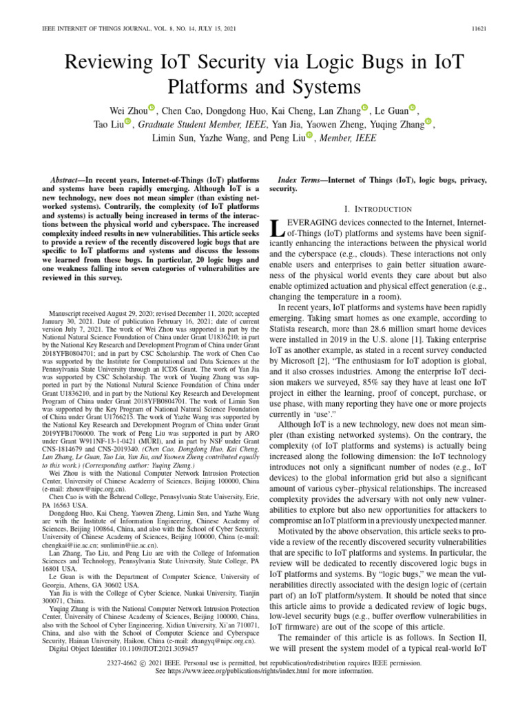 Zhou Et Al. - 2021 - Reviewing IoT Security Via Logic Bugs in IoT Platf | PDF