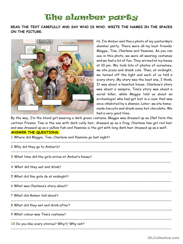 Reading Comprehension - The Slumber Party | PDF