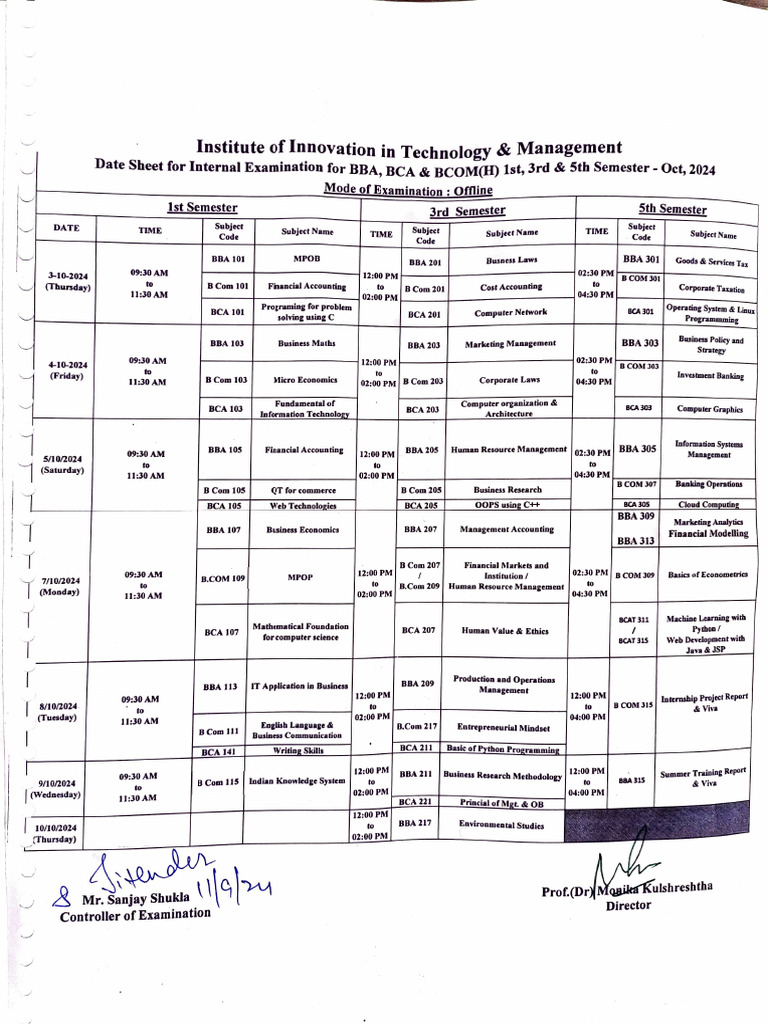 1777-Final Date Sheet For Internal Examination For BBA, BCA, & BCOM (H ...
