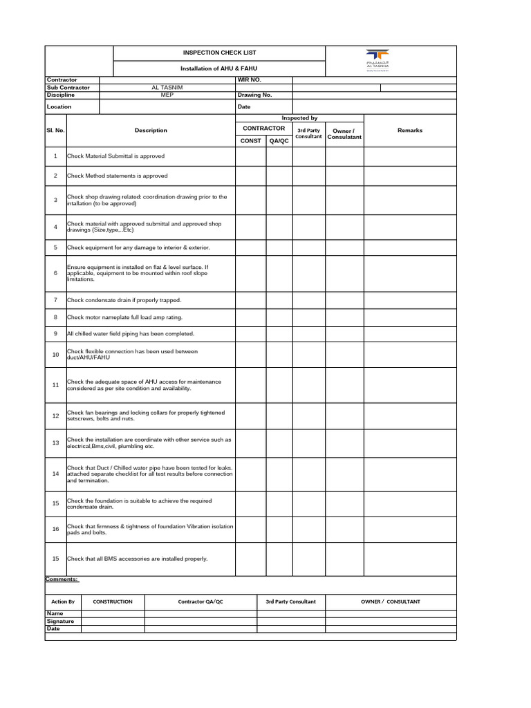 Checklist For AHU& FAHU Installation | PDF