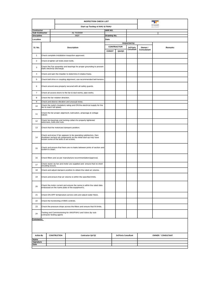 Checklist For AHU&FAHU Testing and Commisioning | PDF