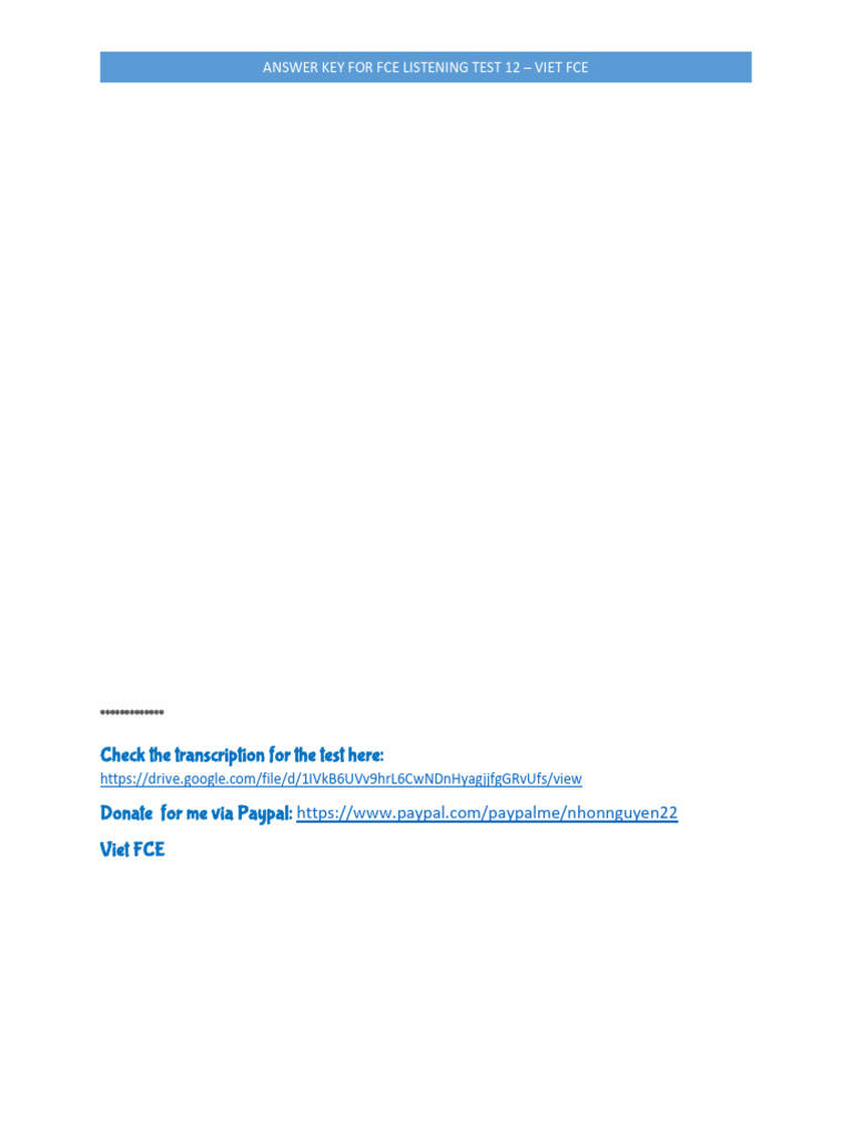 Answer Key For Fce Test 12 | PDF