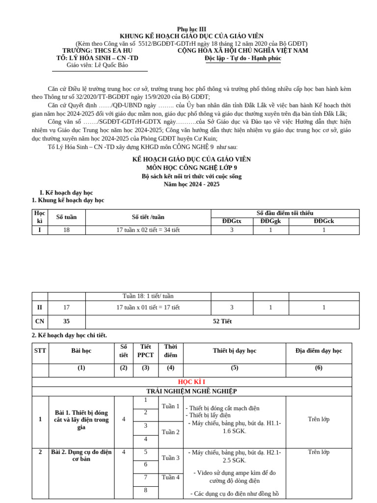 KHGD - CÔNG NGHỆ 9 | PDF