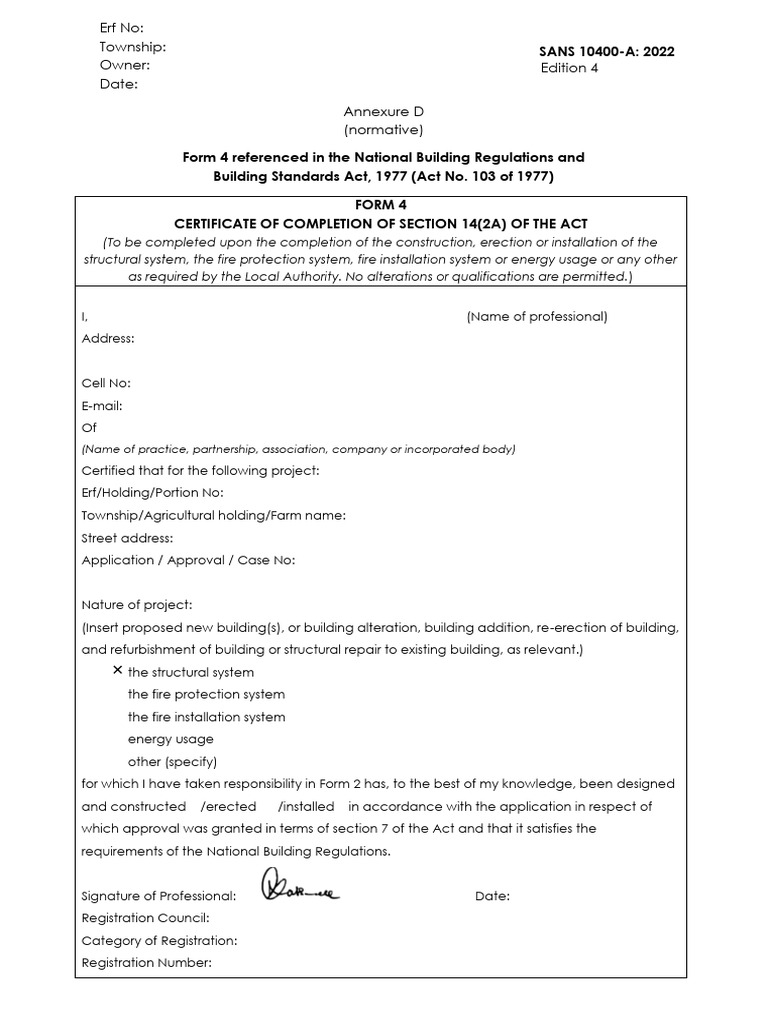 COMPLETION CERTIFICATE_ SANS10400-A 2016 FORMS 4 - 65 N2 STRAAT, MOSSEL ...