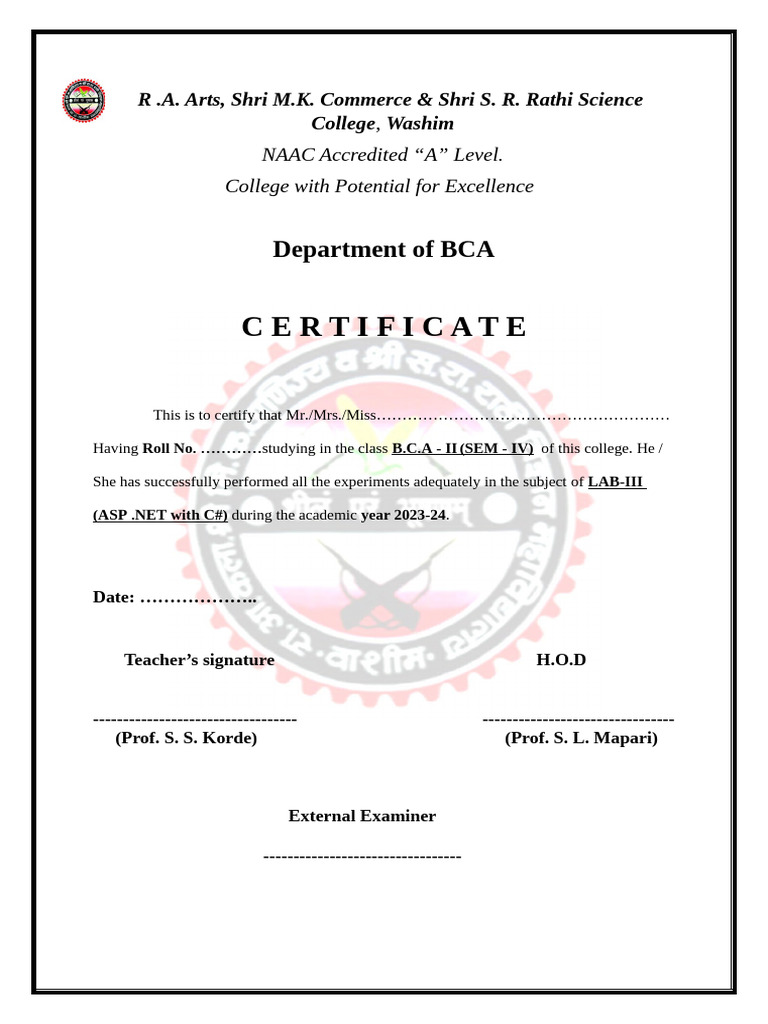 Certificate BCA-II Sem-I LAB-I, II, III | PDF Certificate BCA-II Sem-I LAB-I, II, III | PDF
