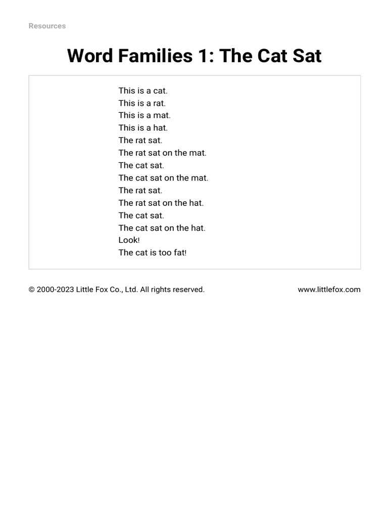 Word Families 1 - The Cat Sat - Little Fox | PDF | Language Arts ...