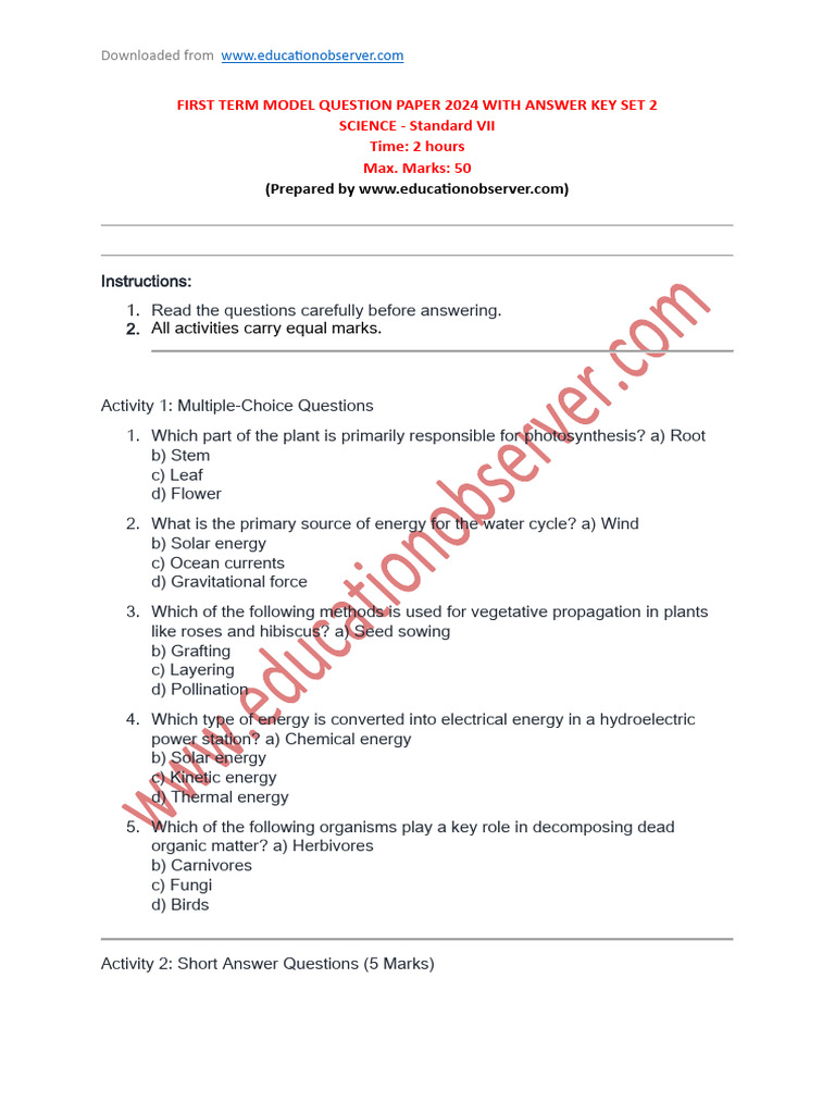 7th BASIC SCEINCE First Term model question paper- English medium by ...