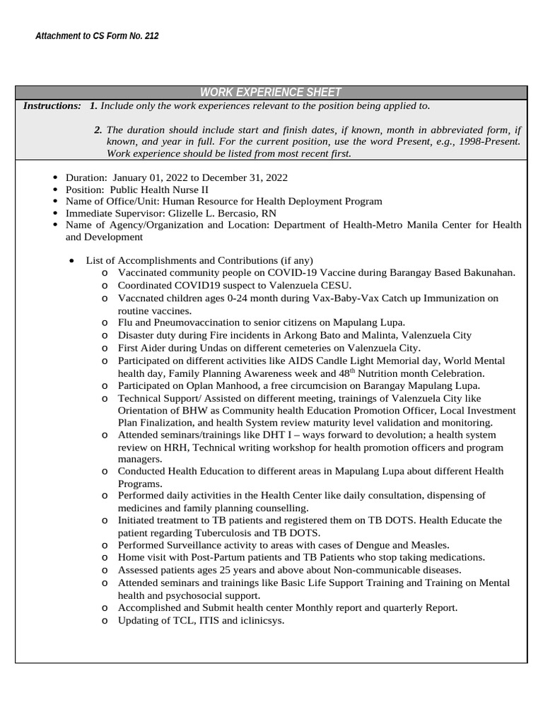 CS - Form - No. - 212 - Attachment - Work - Experience - Sheet 2022 | PDF