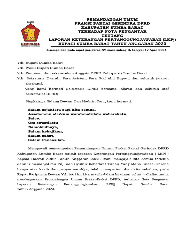 Pemandangan Umum Fraksi LKPJ Bupati 2023 - 091318 | PDF