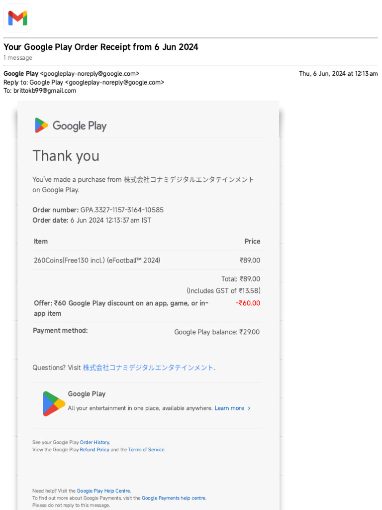 Gmail - Your Google Play Order Receipt From 6 Jun 2024 | PDF