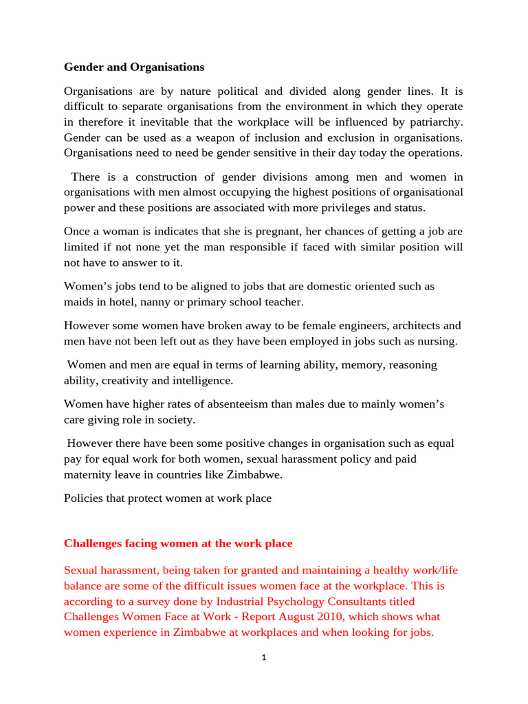 Unit 10 GENDER AND ORGANISATIONS | PDF | Woman | Labour Economics