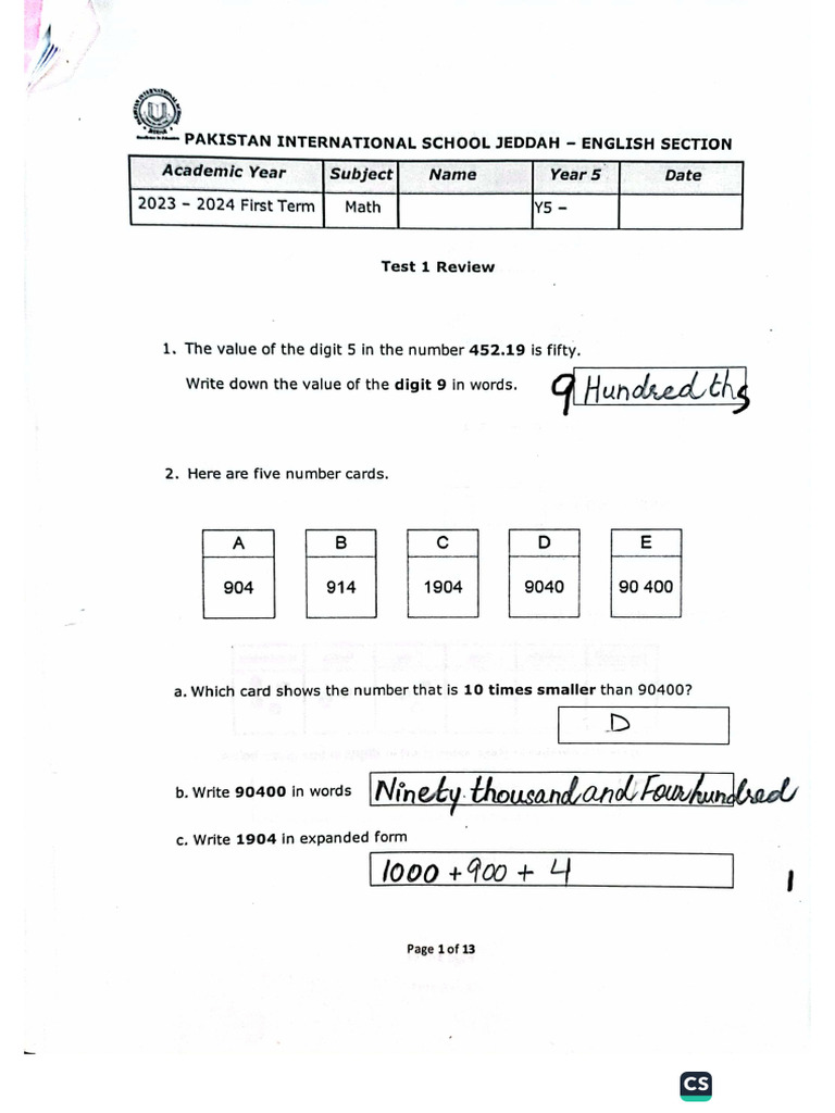 Math Test 1 Review Answer Key | PDF