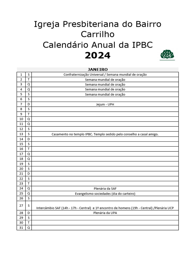 Calendário - 2024 - IPBC | PDF