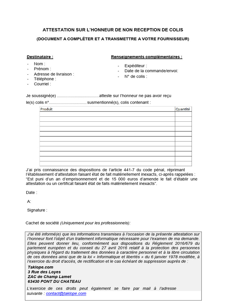 Attestation de Non Reception CHRONOPOST | PDF