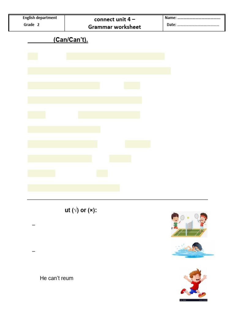 Can - Cant Worksheet - Connect Unit4 Grade 2 | PDF