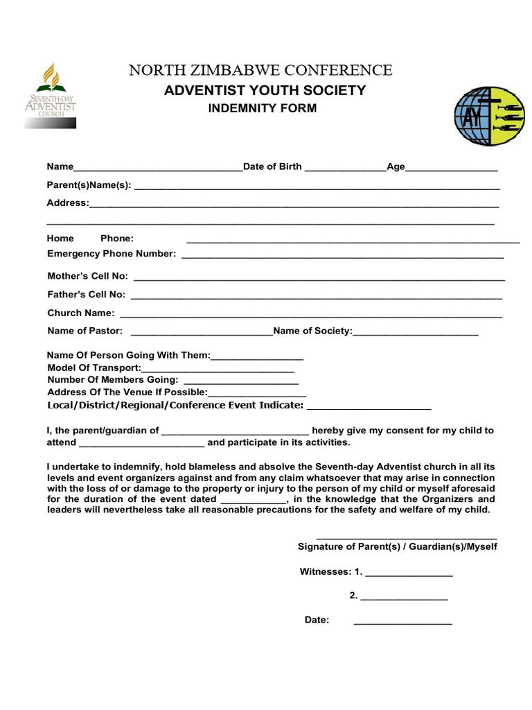 Adventist Youth Indemnity Form | PDF