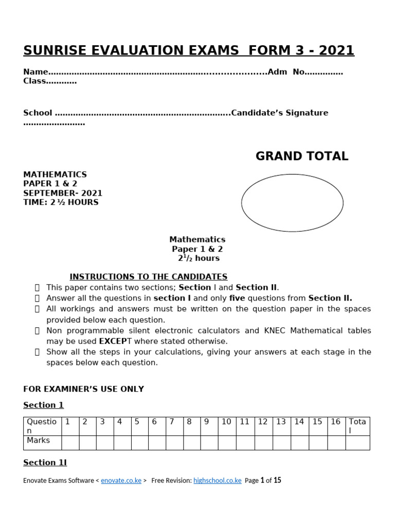Form 3 Mathematics Exam Paper 2021 | PDF | Area