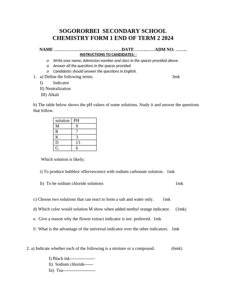 CHEMISTRY FORM 1 | PDF