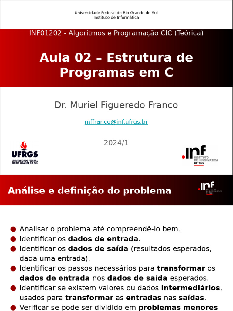 Aula 02 - Estrutura de Programas em C: Dr. Muriel Figueredo Franco | PDF