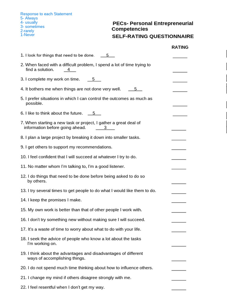 Blank PECs Self Rating Questionnaire | PDF