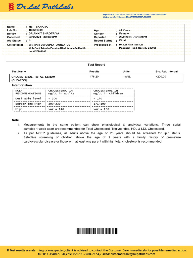 Dr. Lal Path Labs LTD Maccnair Road, Bareilly-243005 Mr. Hari Om Gupta - Aonla CC Moh - Ganj ...