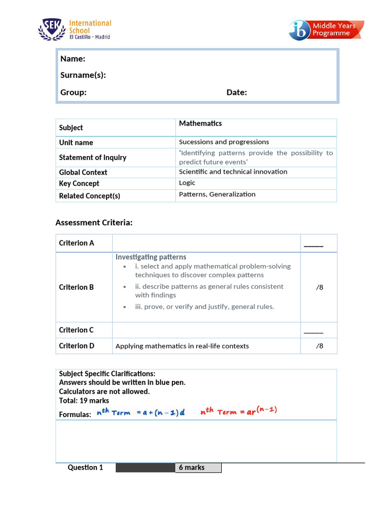 MYP 4 Maths Summative Assessment-2 - UNIT 2 | PDF