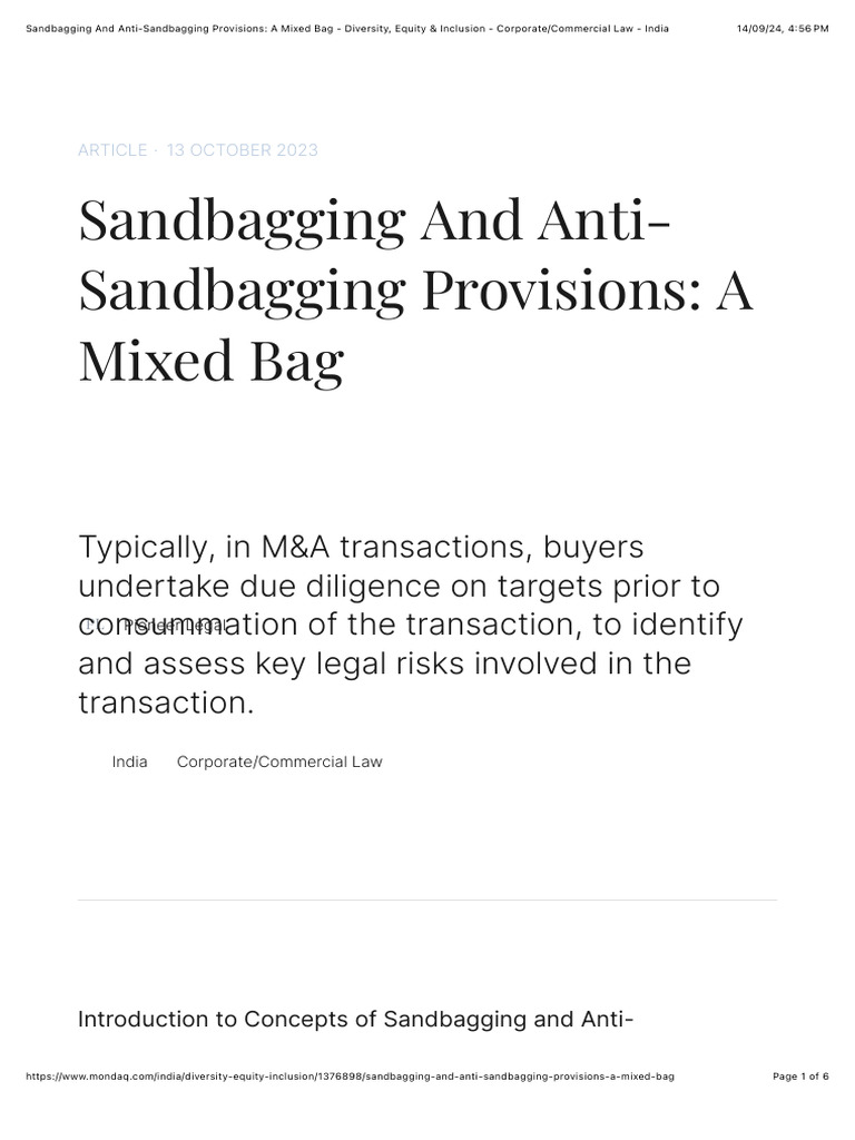 Sandbagging and Anti-Sandbagging Provisions: A Mixed Bag - Diversity ...
