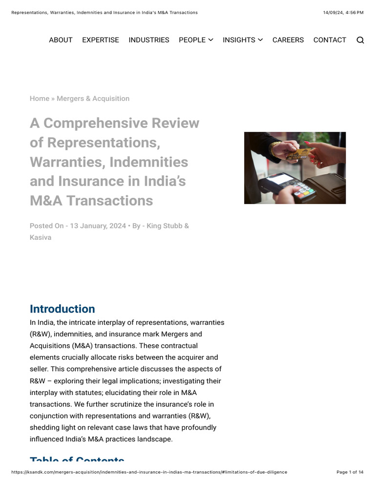Representations, Warranties, Indemnities and Insurance in India's M&A | PDF