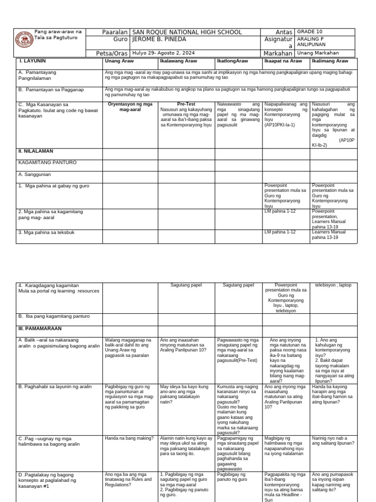 DLL 2024-2025 for Grade 10 AP | PDF