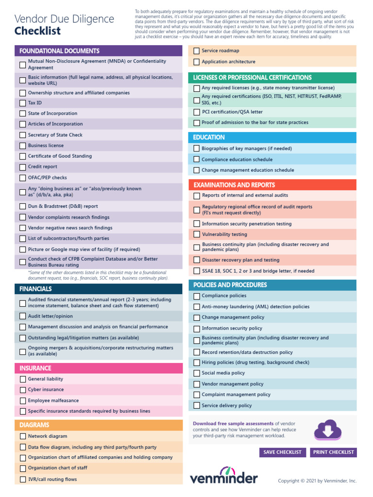 Venminder - Vendor Due Diligence Checklist | PDF