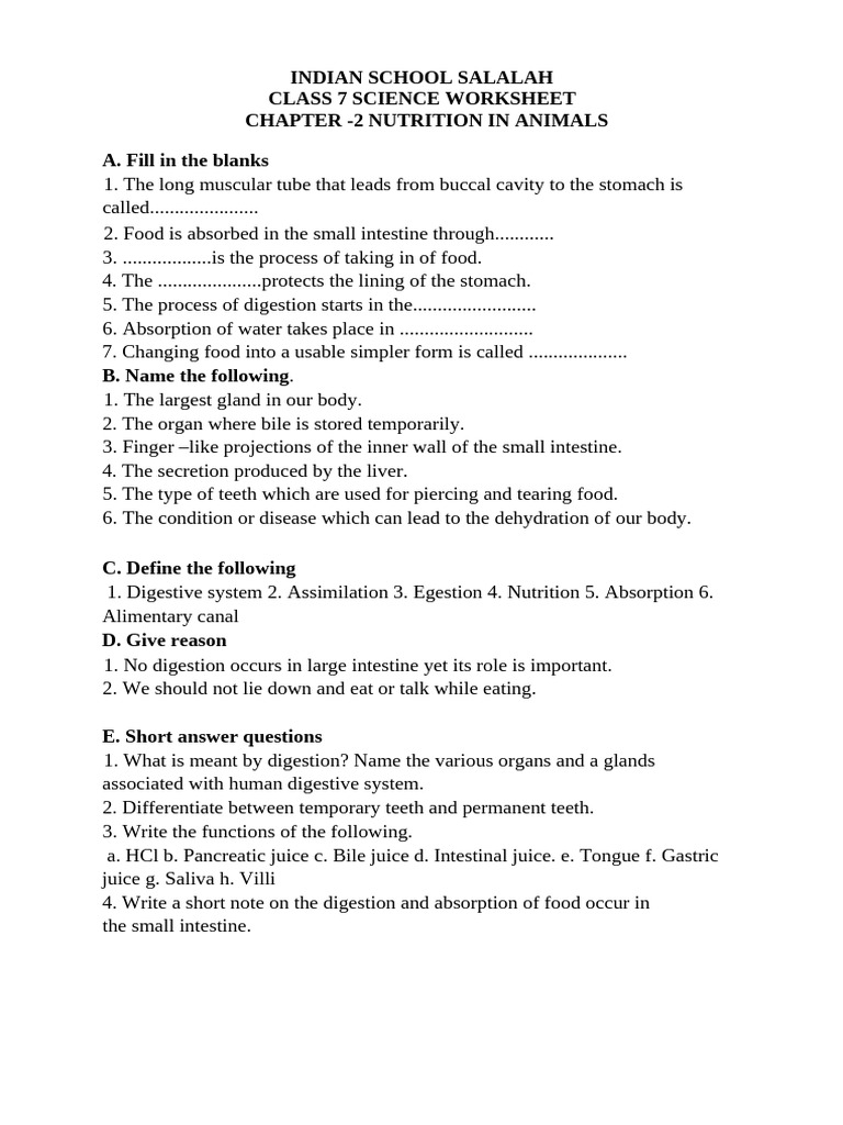 Nutrition in Animals-Worksheet | PDF