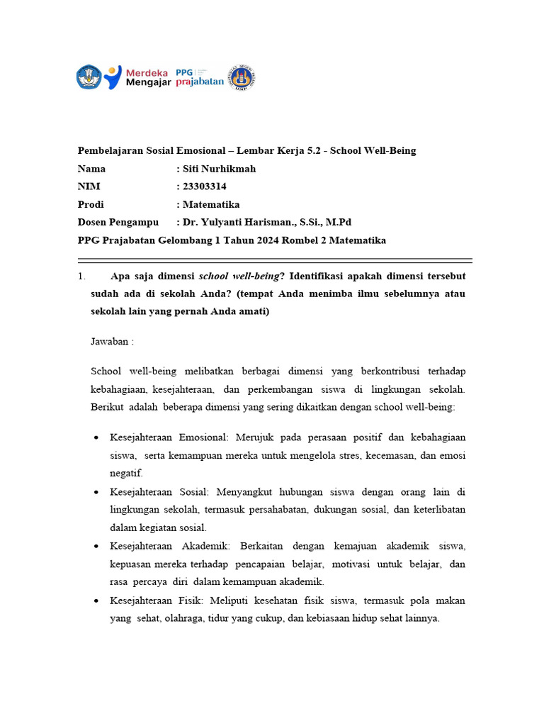 PSE Lembar Kerja 5 2 School Well Being | PDF