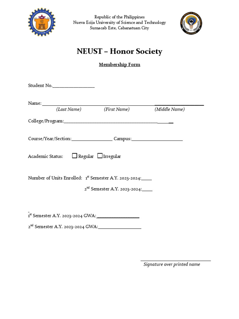 Honor Society Membership Form | PDF