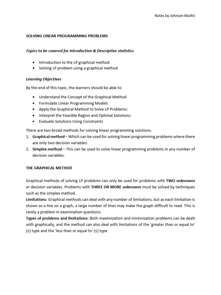 Week 2 Linear Programming - Graphical Method | PDF