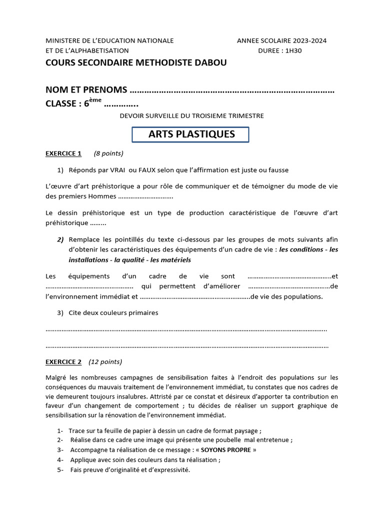 Devoir Trim 3 6eme | PDF