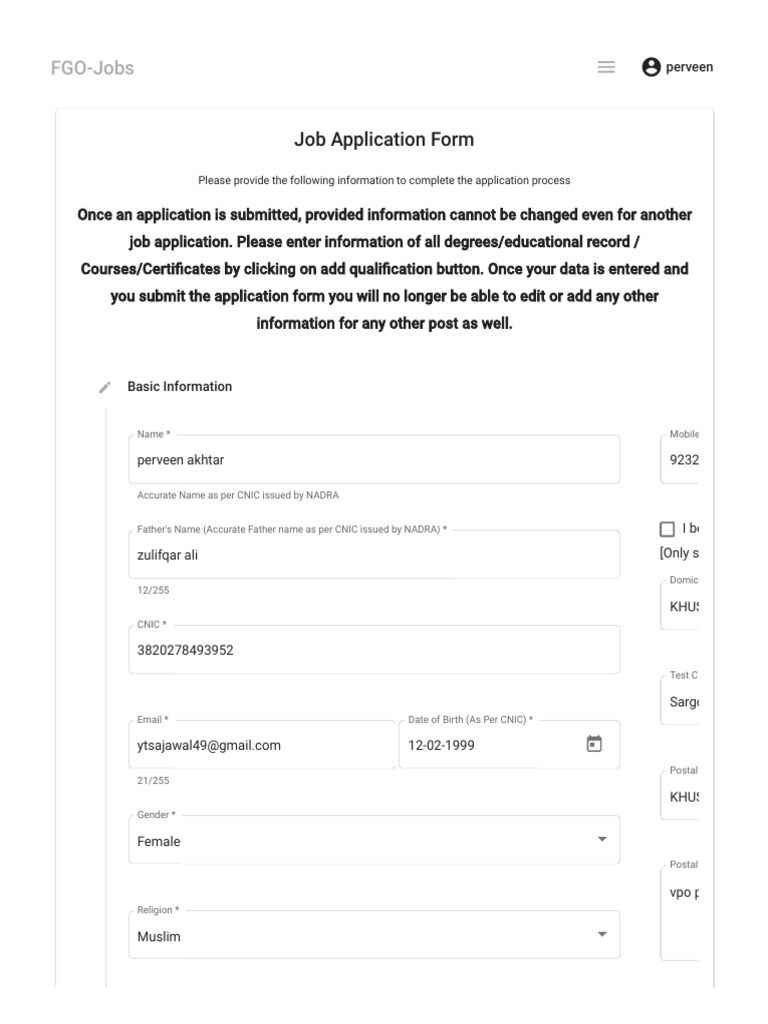 Job Application Form for FGO-Jobs | PDF