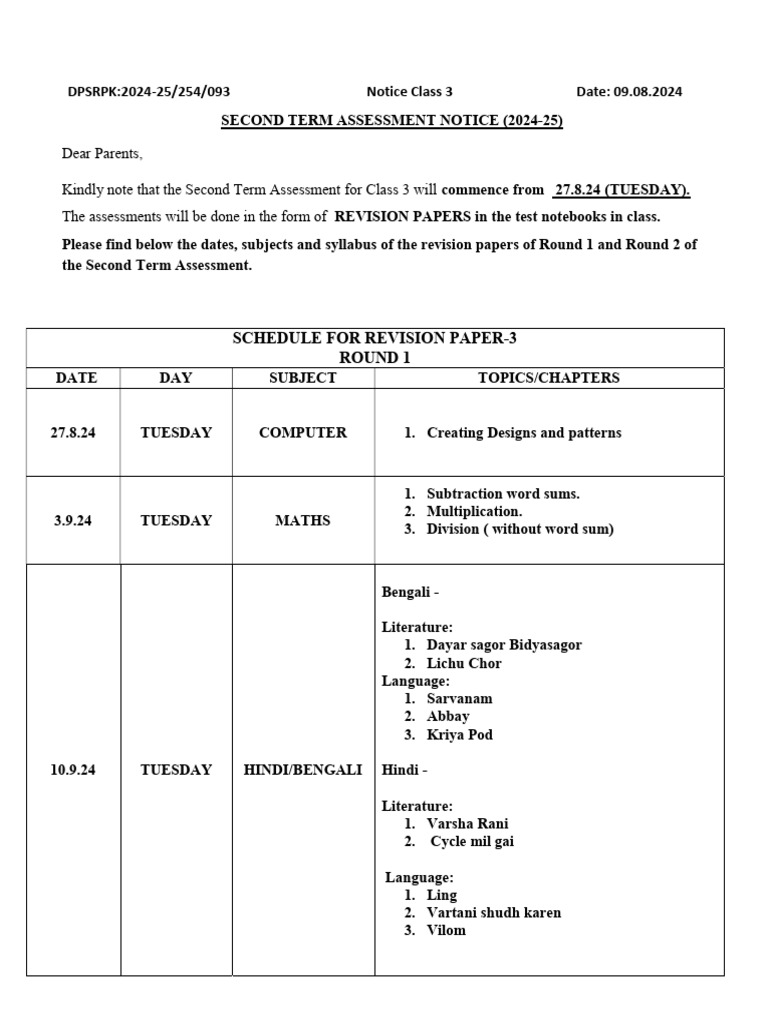 Class 3 - Term 2 Assessment Notice (2024-25) - 5 | PDF