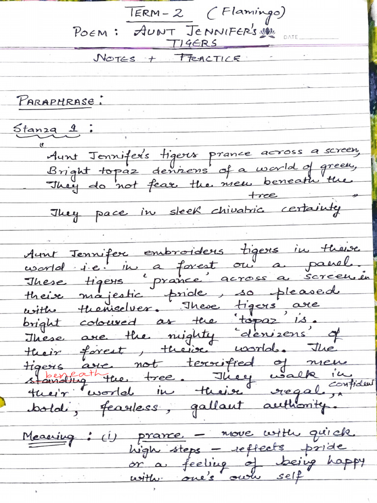 Notes - Aunt Jennifer's Tiger | PDF