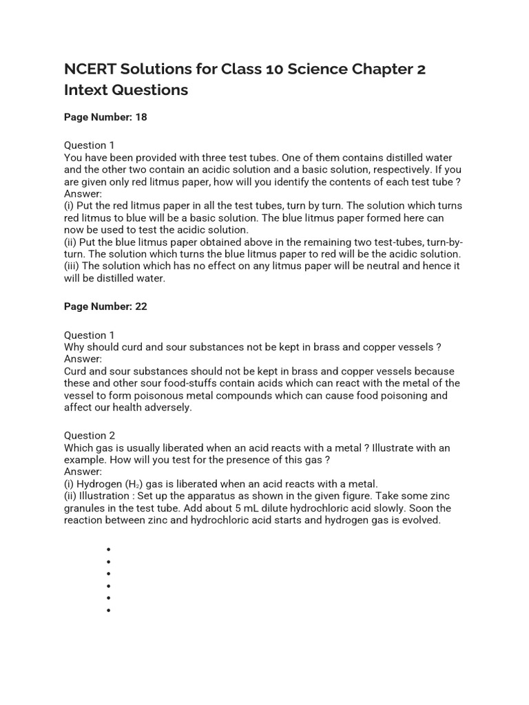 NCERT Solutions For Class 10 Science Chapter 2 Intext Questions | PDF