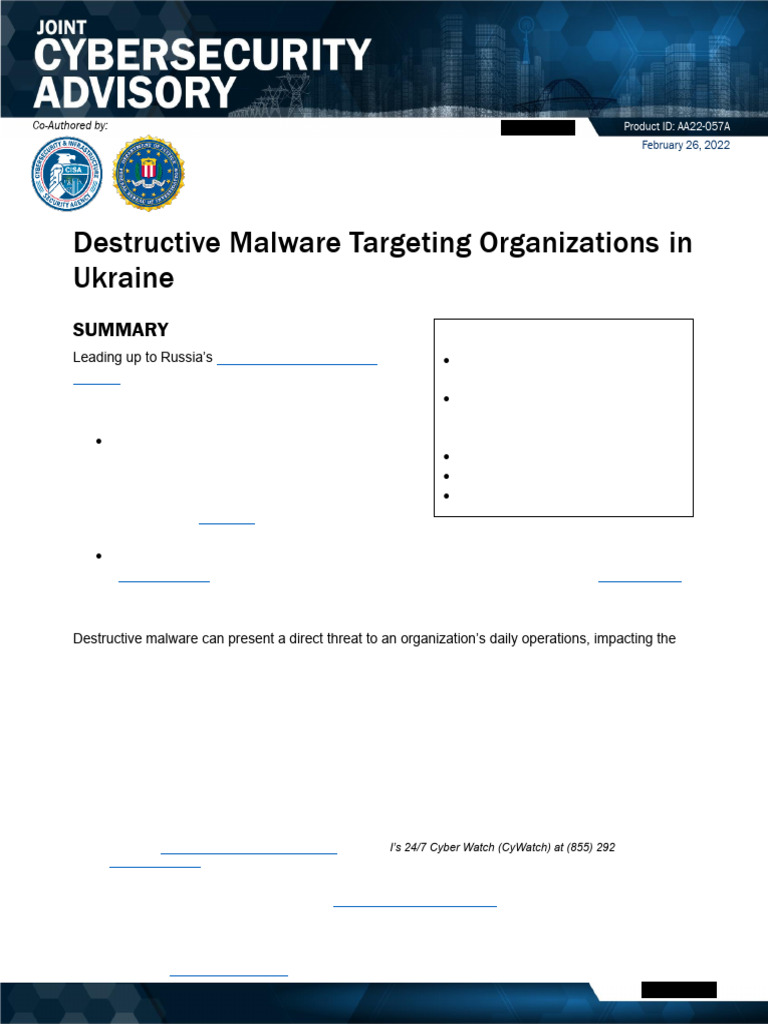Destructive Malware Targeting Organizations in Ukraine: Tlp:White | PDF