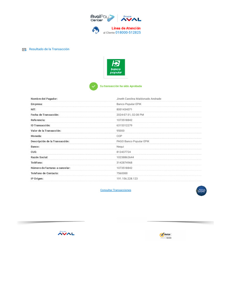 Pasarela de Pagos Aval - Resultado | PDF